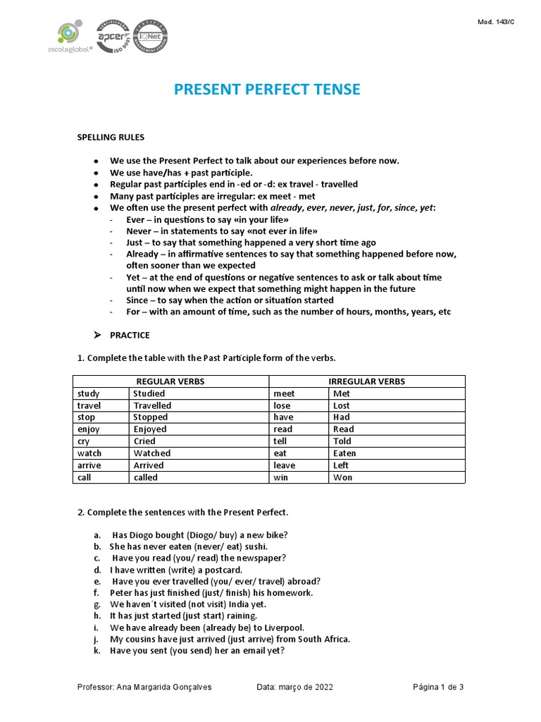 Present Perfect Worksheet | PDF | Perfect (Grammar) | Languages