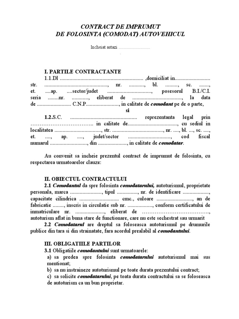 Contract de Comodat Auto | PDF