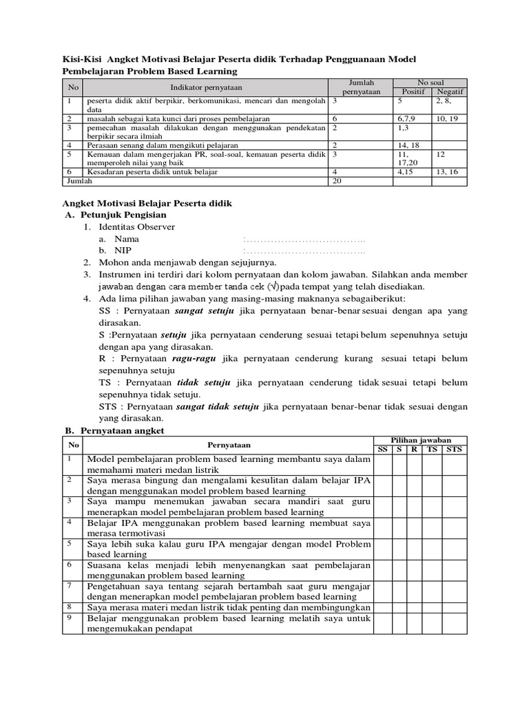 Angket Motivasi Belajar | PDF