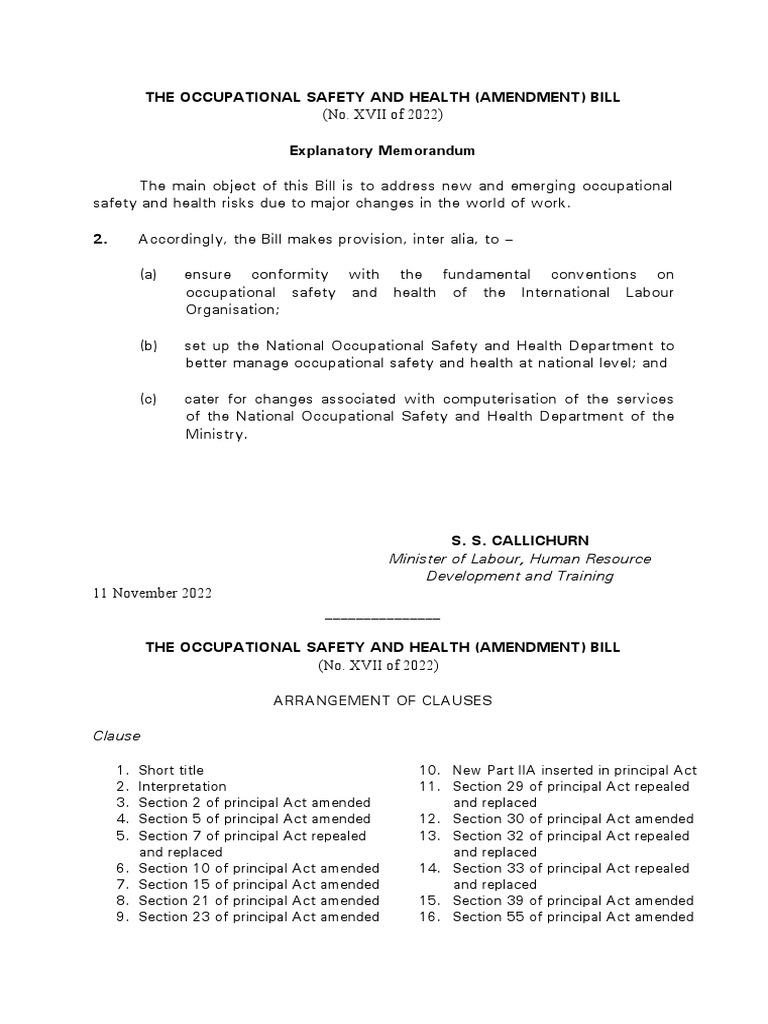 The Occupational Safety and Health Amendment Bill | PDF | Occupational ...