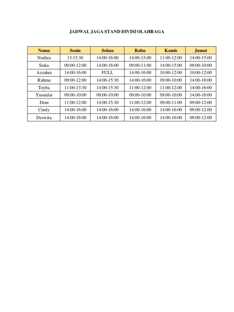 Jadwal Jaga Stand Divisi Olahraga | PDF