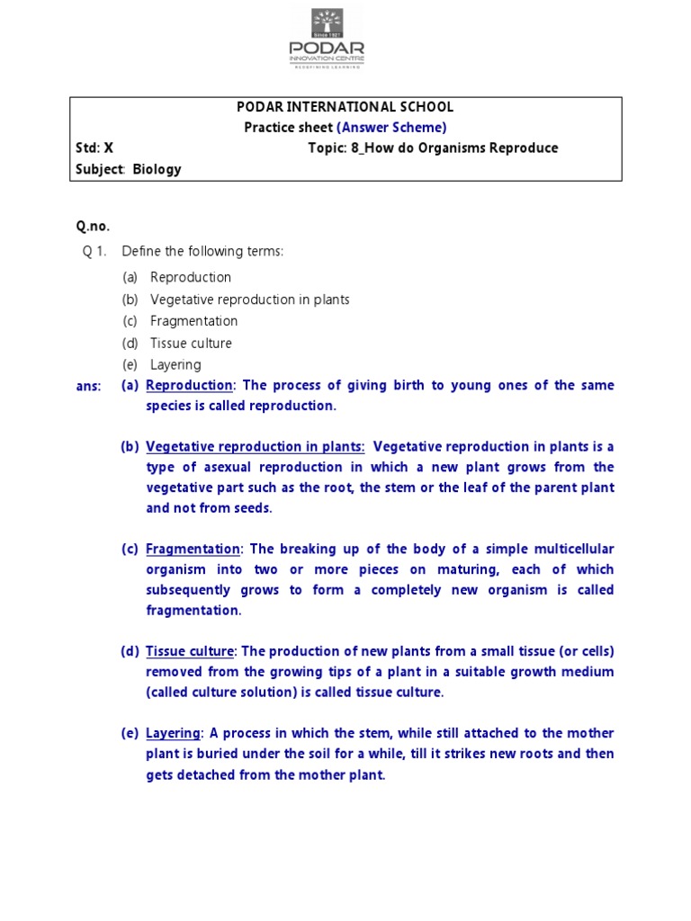 Podar International School Practice Sheet STD: X Topic: 8 - How Do Organisms Reproduce Subject ...