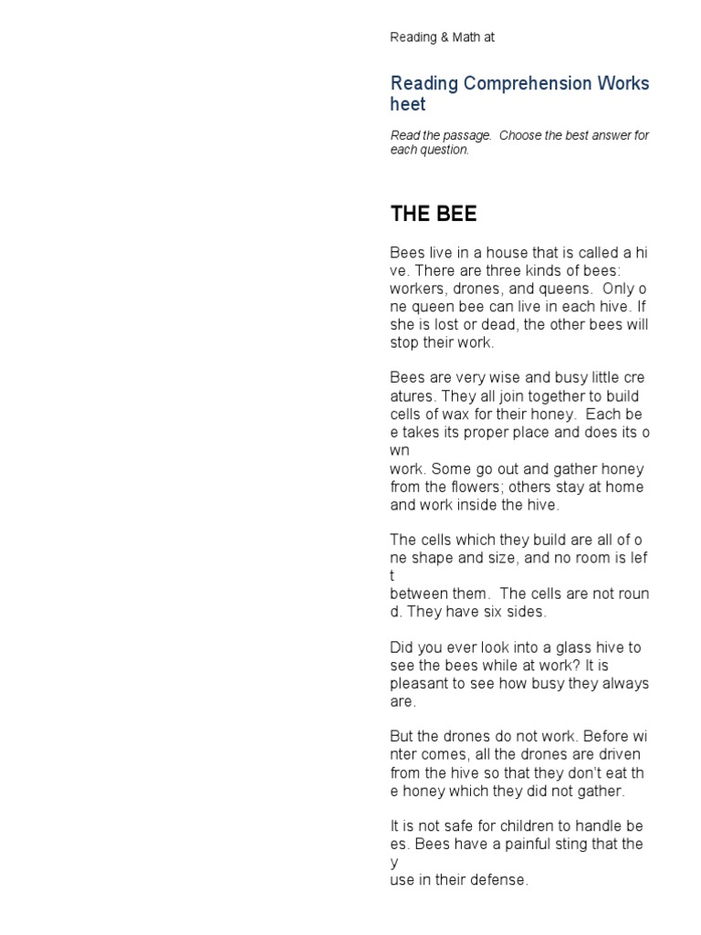 Reading Comprehension Worksheet Grade 3 Bees | PDF