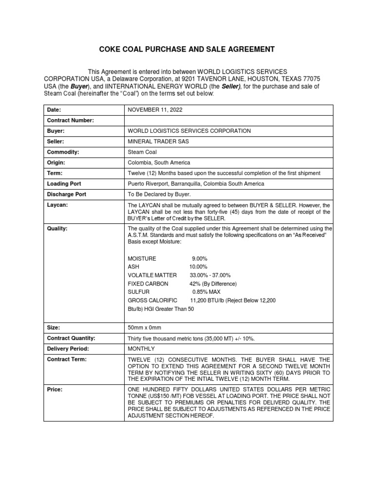 Steam Coal Purchase Sale Agreement - Coke | PDF | Liquidation | Bankruptcy