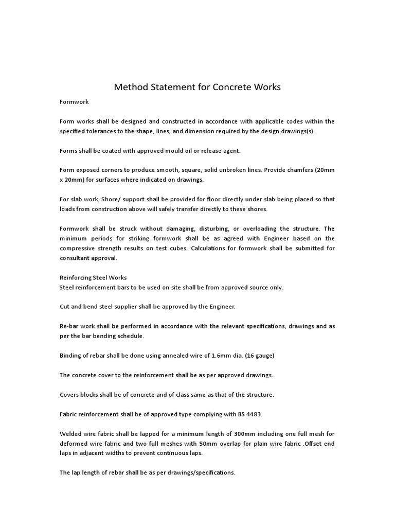 Method Statement Concrete | PDF | Concrete | Building Technology