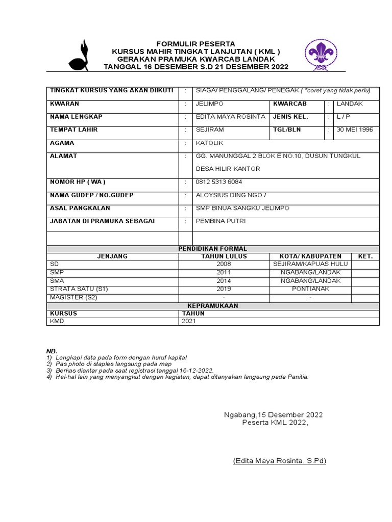 Formulir Peserta KML Pramuka 2022 - Untuk Peserta | PDF