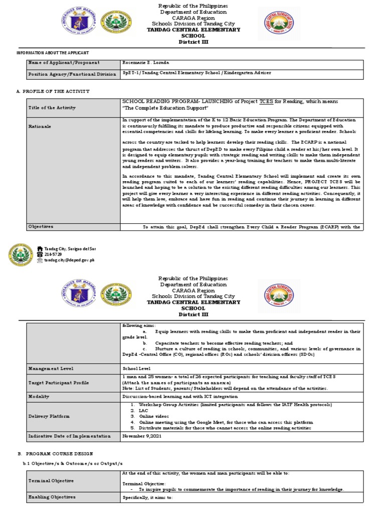 Activity Design School Reading Program of TCES CY 2021 Launching | PDF | Human Communication ...