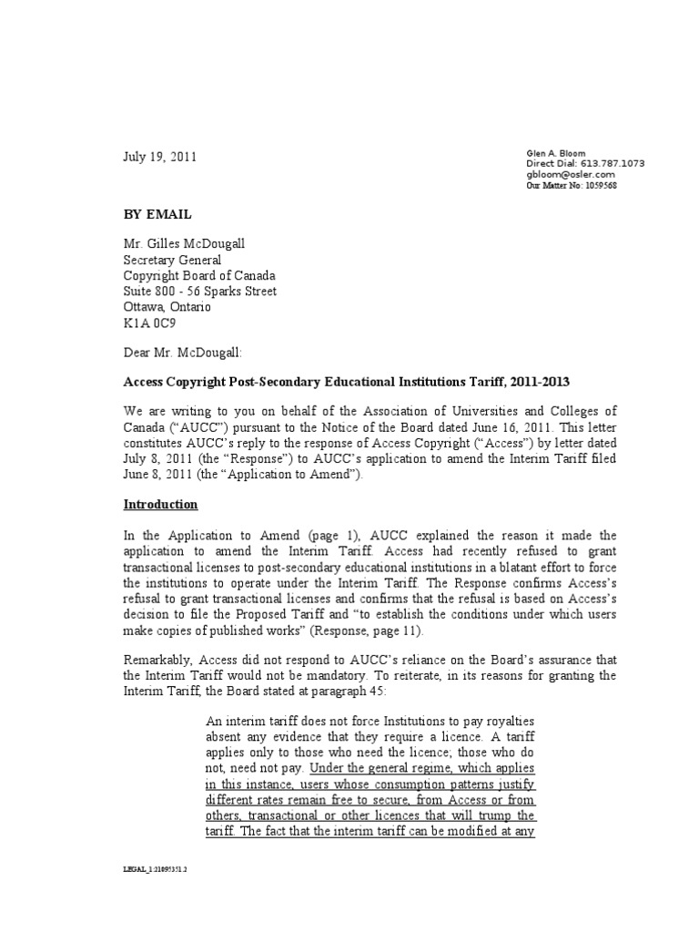 Letter To McDougall - AUCC Reply To Access Copyright Response To AUCC ...