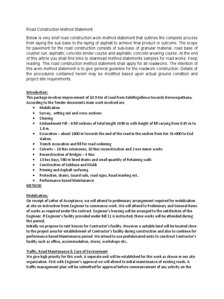 Road Construction General Method Statement | PDF | Road | Road Surface