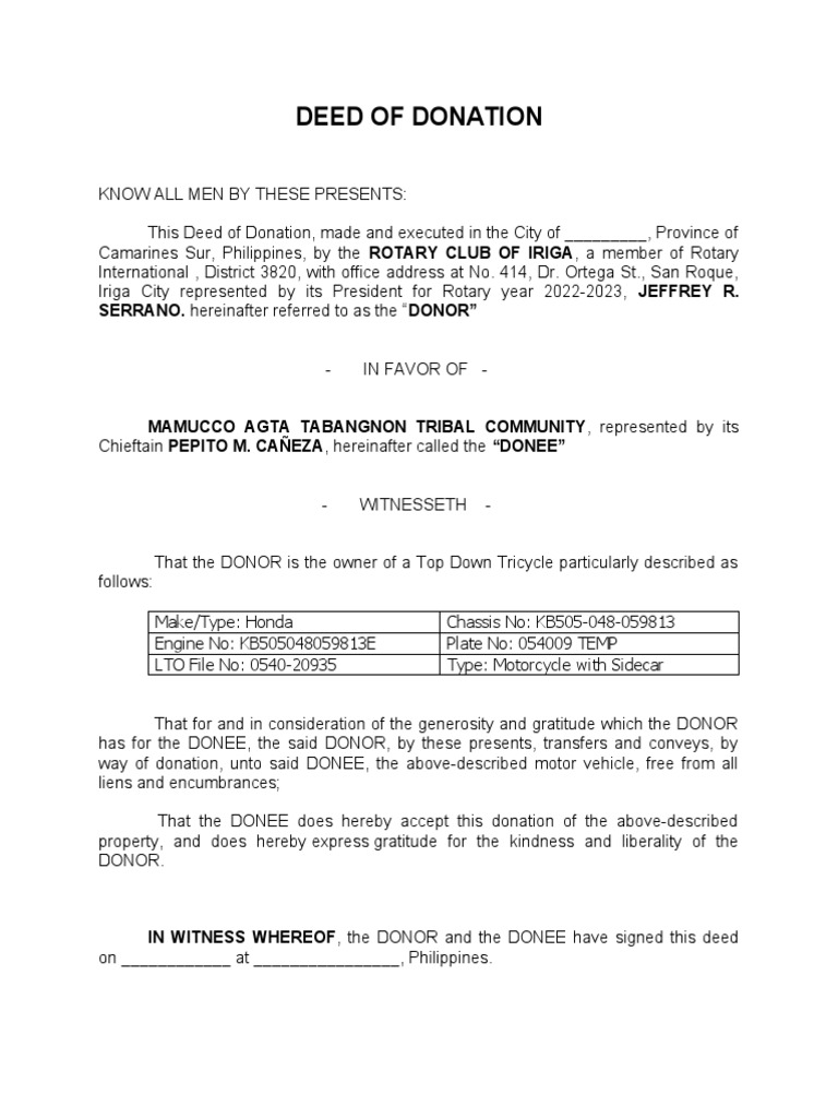 A Deed of Donation: The Rotary Club of Iriga gifts a tricycle to the ...