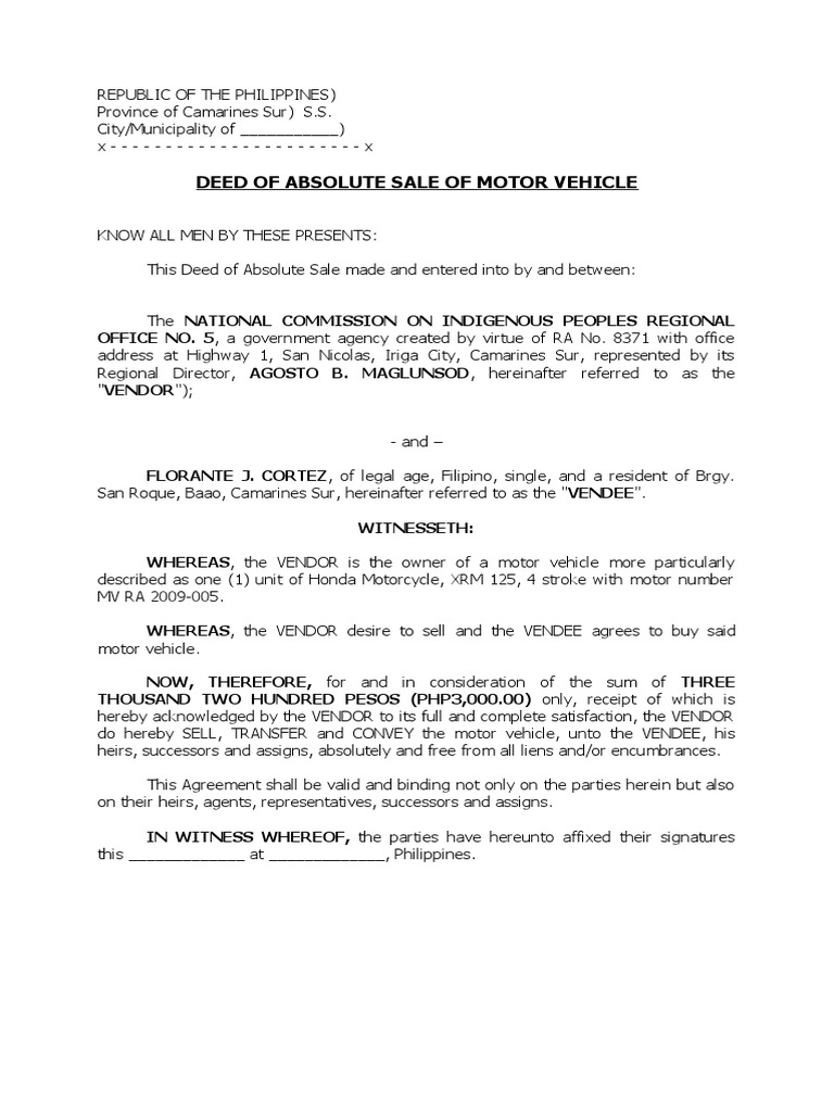 Deed of Sale of Motor Vehicle-Florante J. Cortez | PDF | Notary Public ...