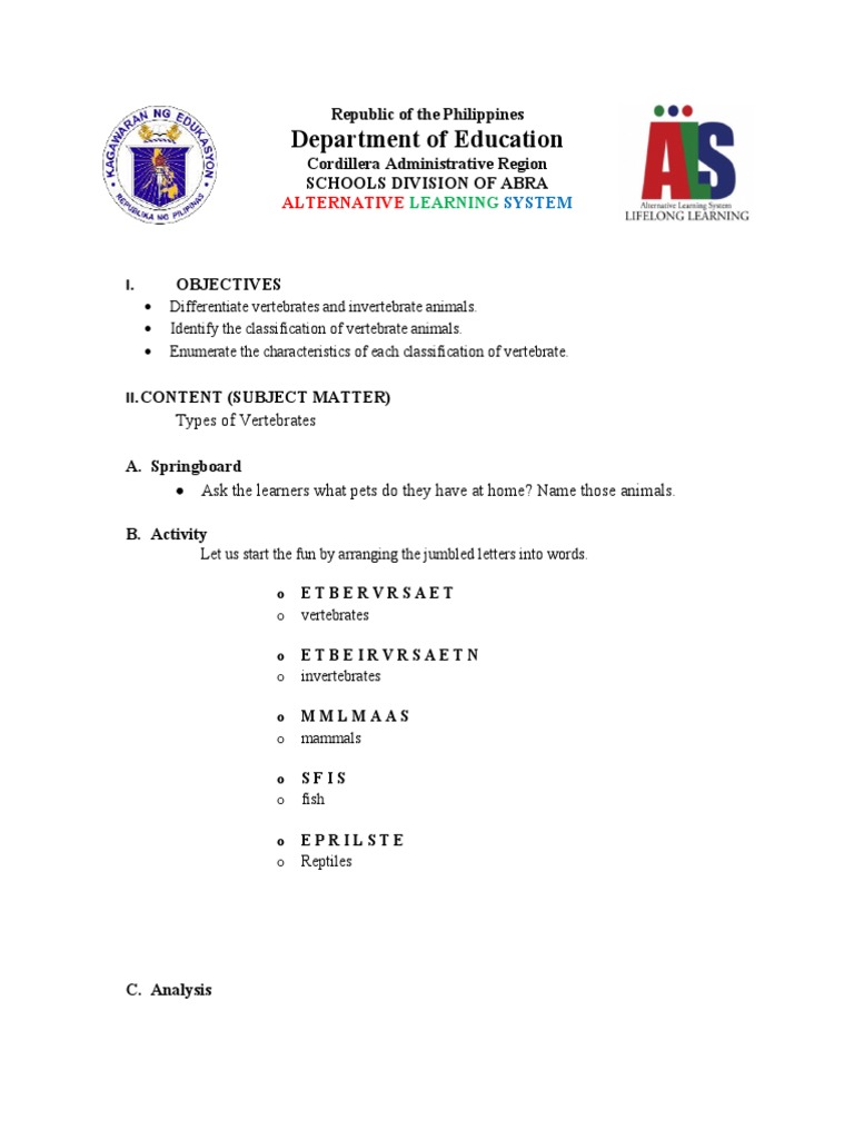 Lesson Plan Vertebrates | PDF | Invertebrate | Reptile