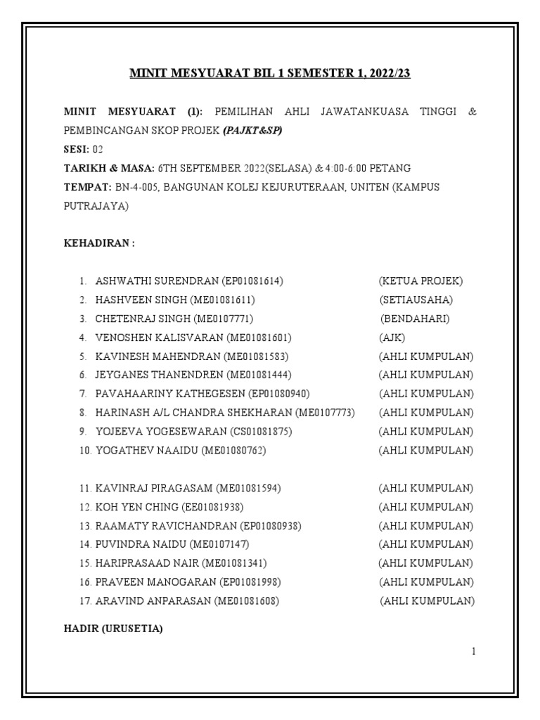 Minit Mesyuarat Bil 1 s1, 2022 - 23, Sesi 2 | PDF