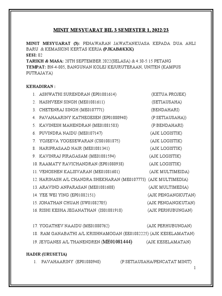 Minit Mesyuarat Bil 3 s1, 2022 - 23, Sesi 2 | PDF