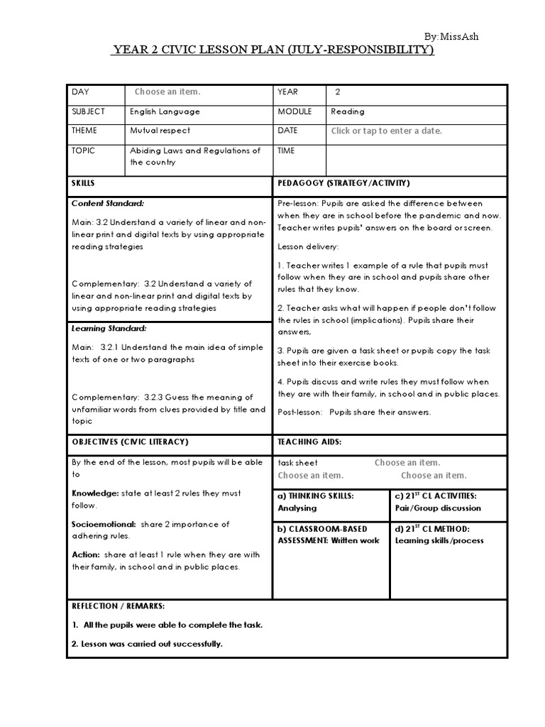 Y2 Civic July Responsbility | PDF | Teachers | Lesson Plan