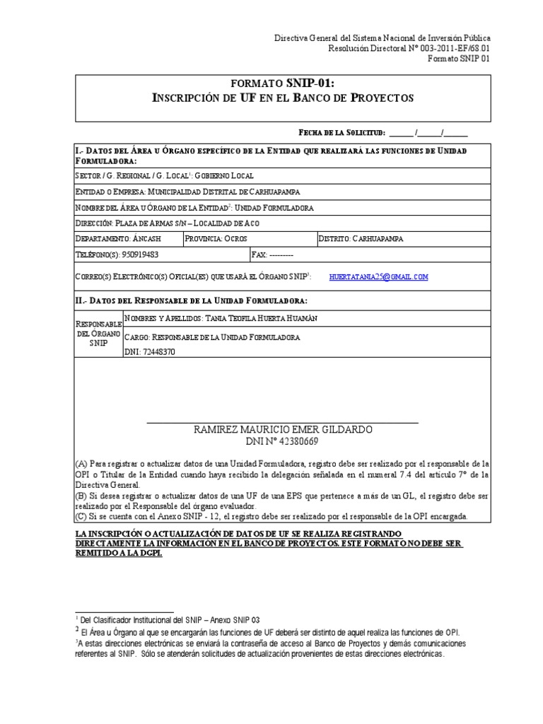 Formato 01 - Registro de UF | PDF