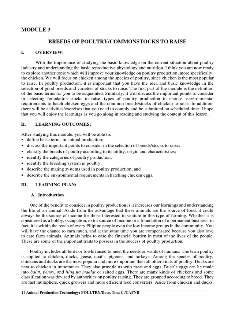 Module 3. Breeds of Poultry | PDF | Chicken | Poultry