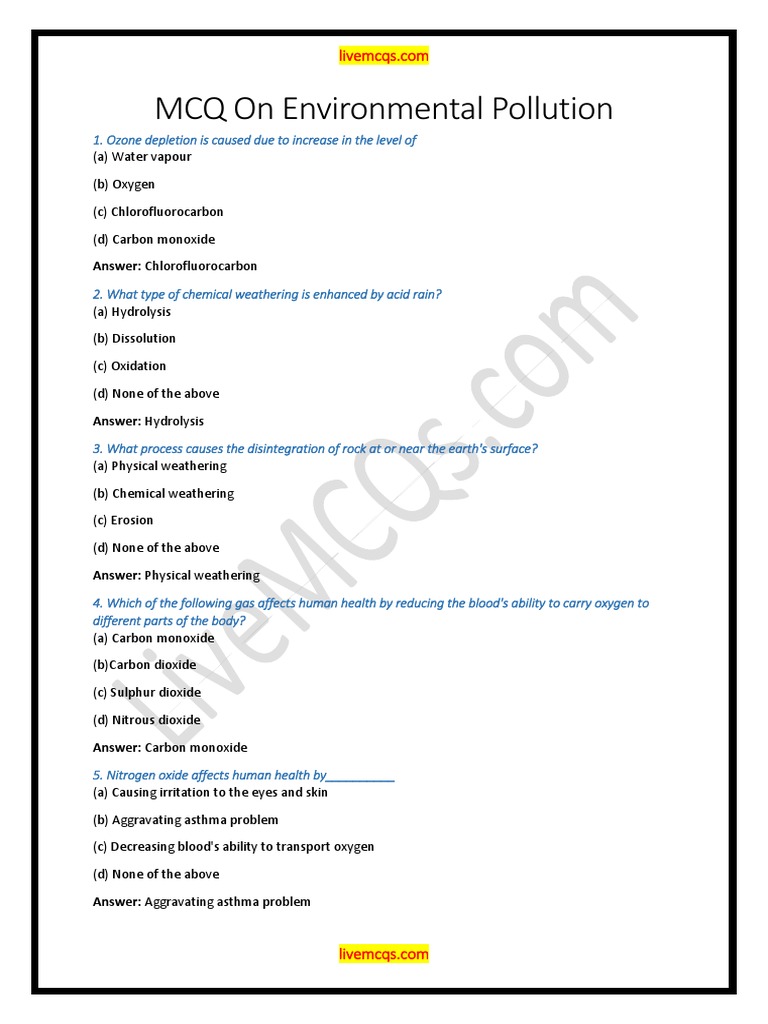 MCQ On Environmental Pollution With Answers PDF | PDF | Atmosphere Of ...