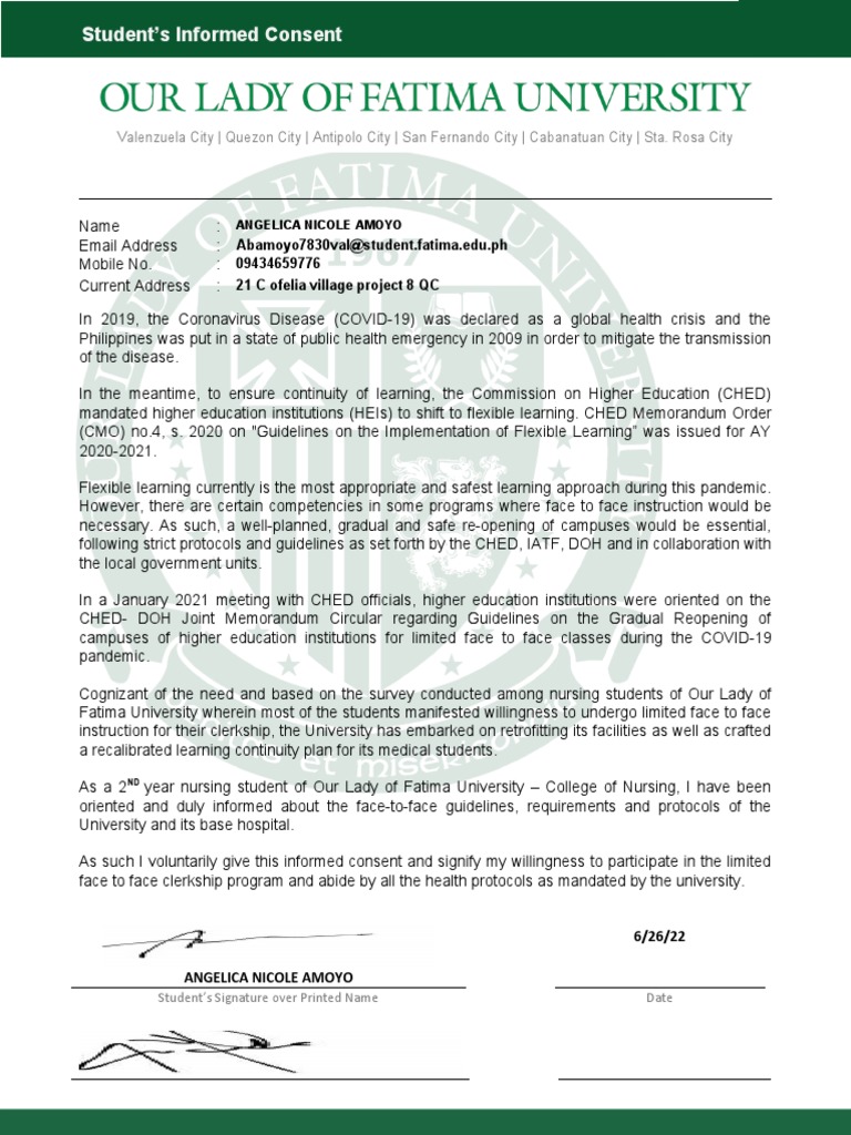 Student Provides Informed Consent for Limited Face-to-Face Nursing Clerkship During COVID-19 ...