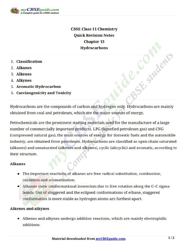 11 Chemistry Notes Ch13 Hydrocarbons | PDF