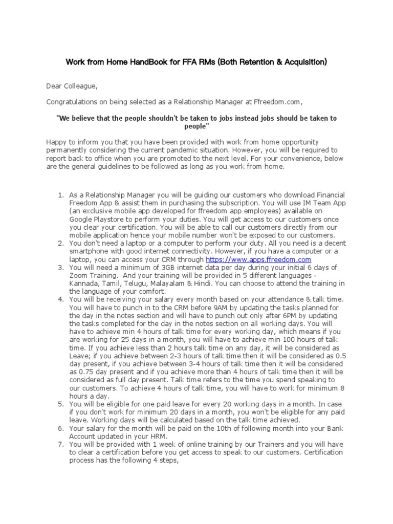 Work From Home HandBook For FFA RMs | Download Free PDF | Salary | Gratuity