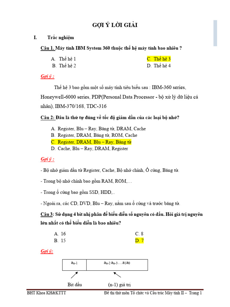 Tổ chức cấu trúc máy tính Đáp Án Đề Thi Thử Giữa Kỳ 1 It012 | PDF