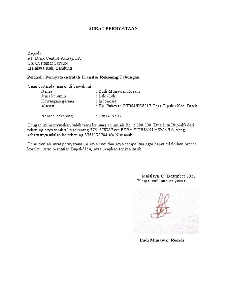 Surat Pernyataan Salah Transfer | PDF