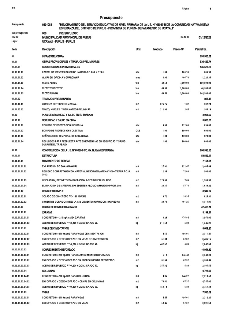 Presupuesto para Construcción Educativa Purus | PDF | Fundación ...
