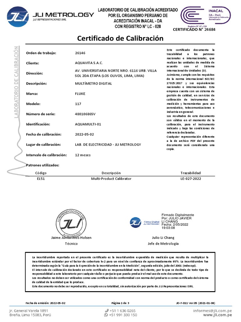 Certificado de Calibraci N 24684 - AQUAVITA S.A.C. - 20220503.20220502 ...