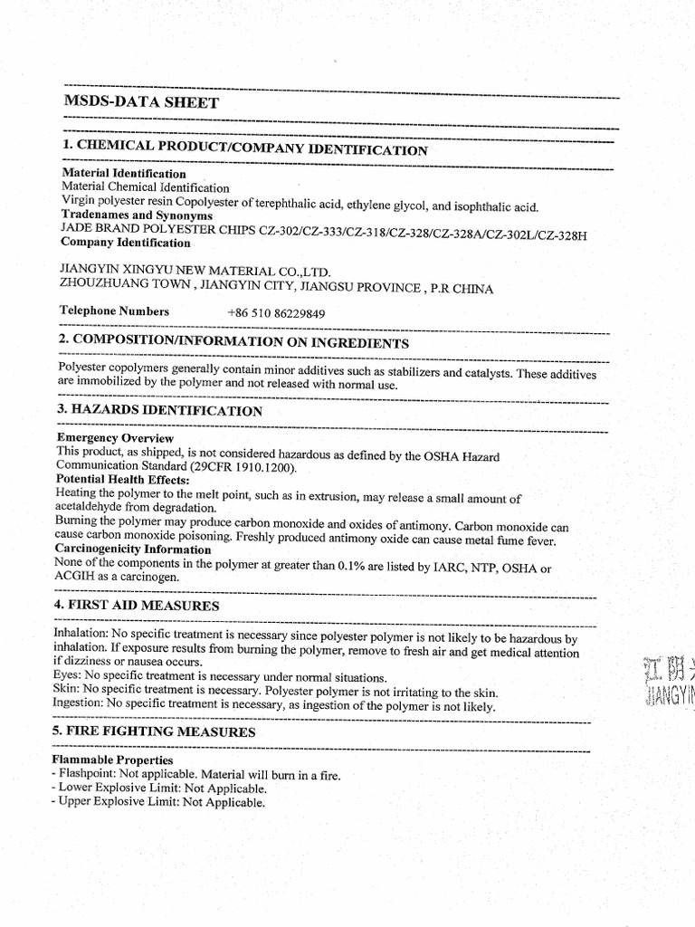 MSDS Pet Jade CZ-302, CZ-333. CZ-318, CZ-328, Cz-328a, CZ-302L, CZ-328H ...
