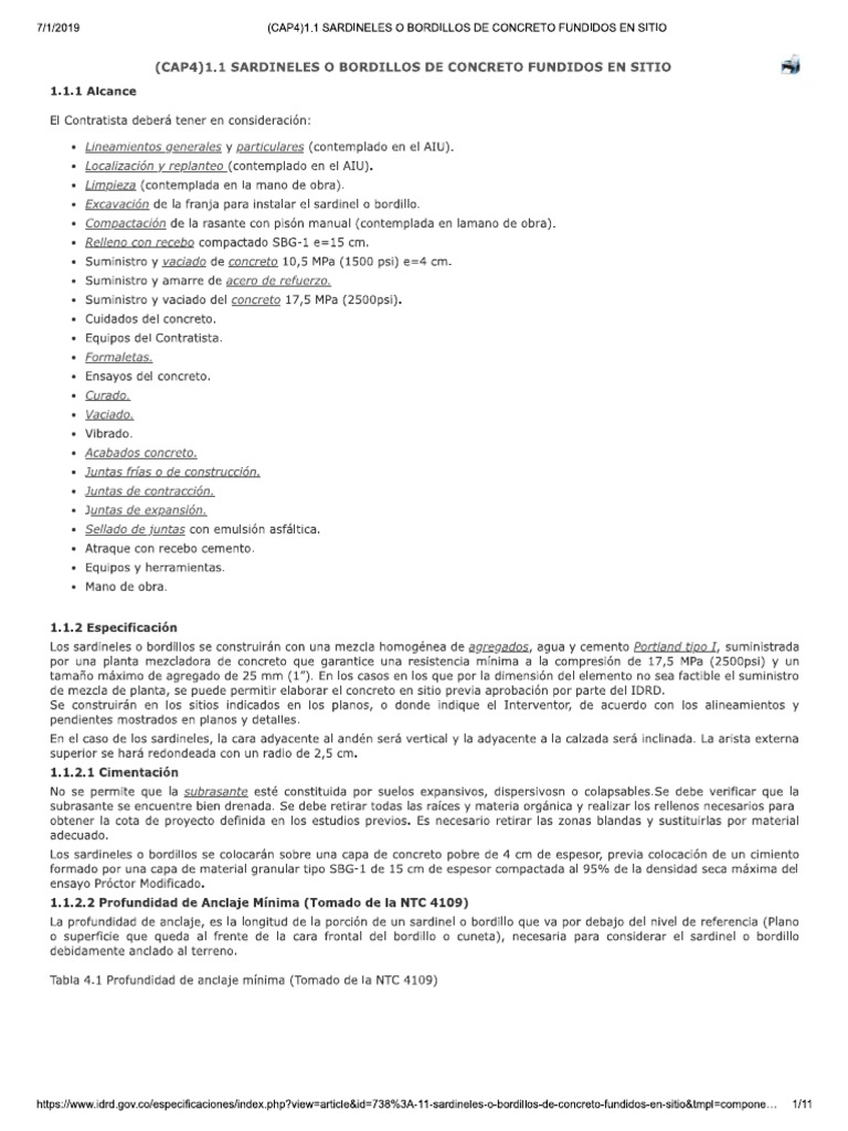 (Cap4) 1.1 Sardineles o Bordillos de Concreto Fundidos en Sitio | PDF