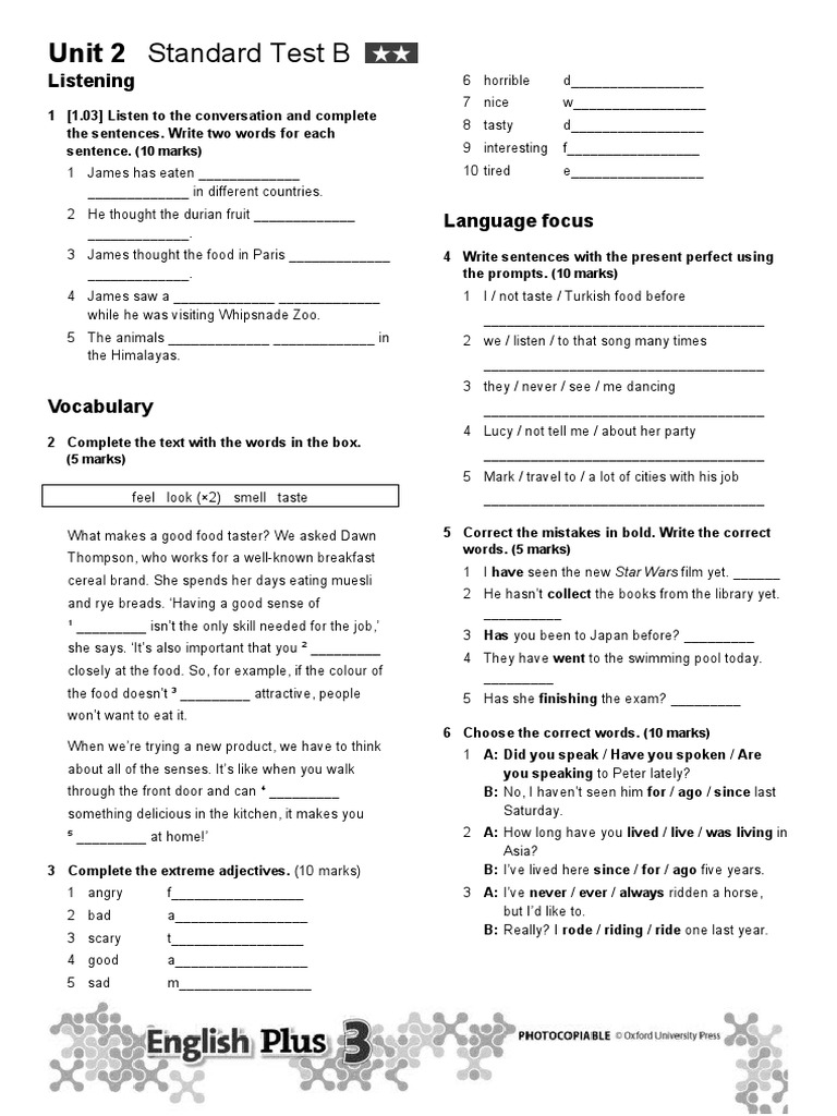 Unit 2 Standard Test B | PDF | Senses