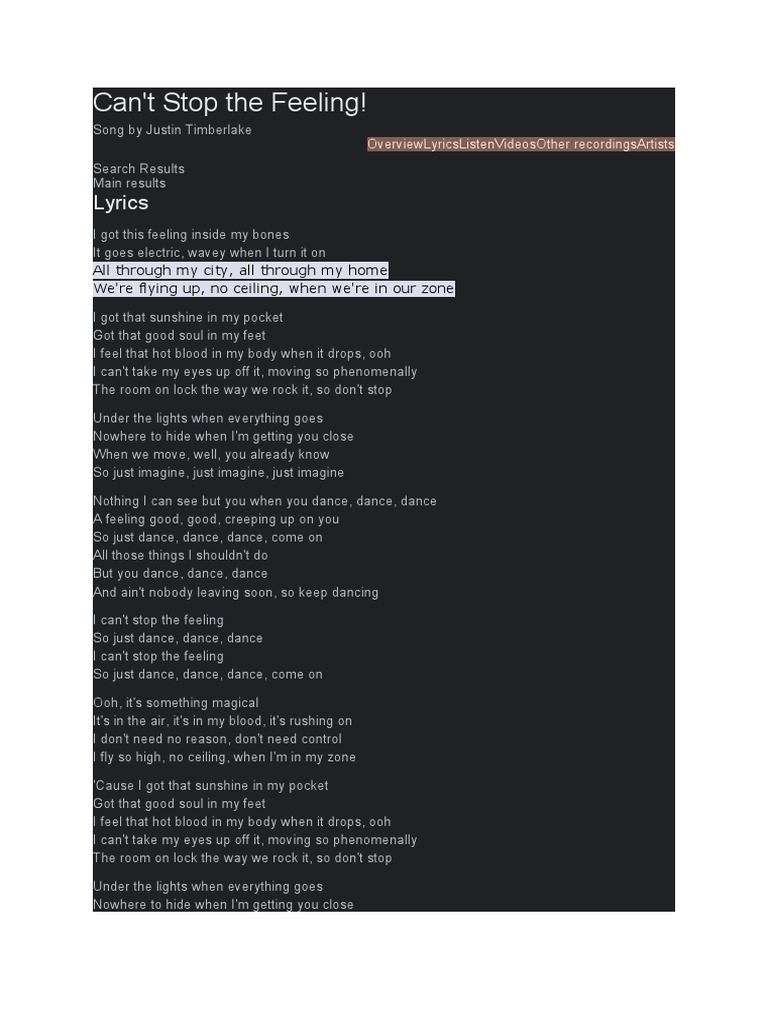 Listening Justin Timberlake Cant Stop The Feeling Complete