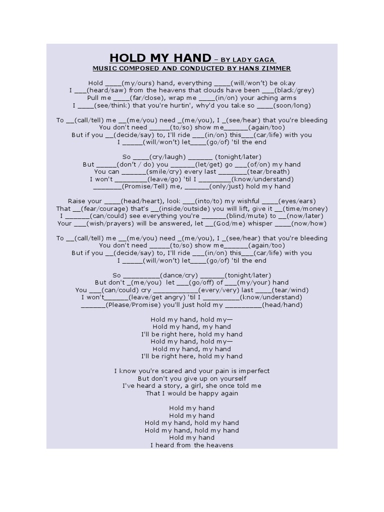 Listening - Lady Gaga - Hold My Hand - Exercise Lyrics | PDF