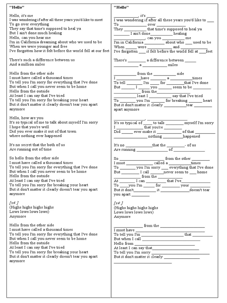 Listening - Adele - Hello - Complete - Lyrics | PDF Listening - Adele - Hello - Complete - Lyrics | PDF