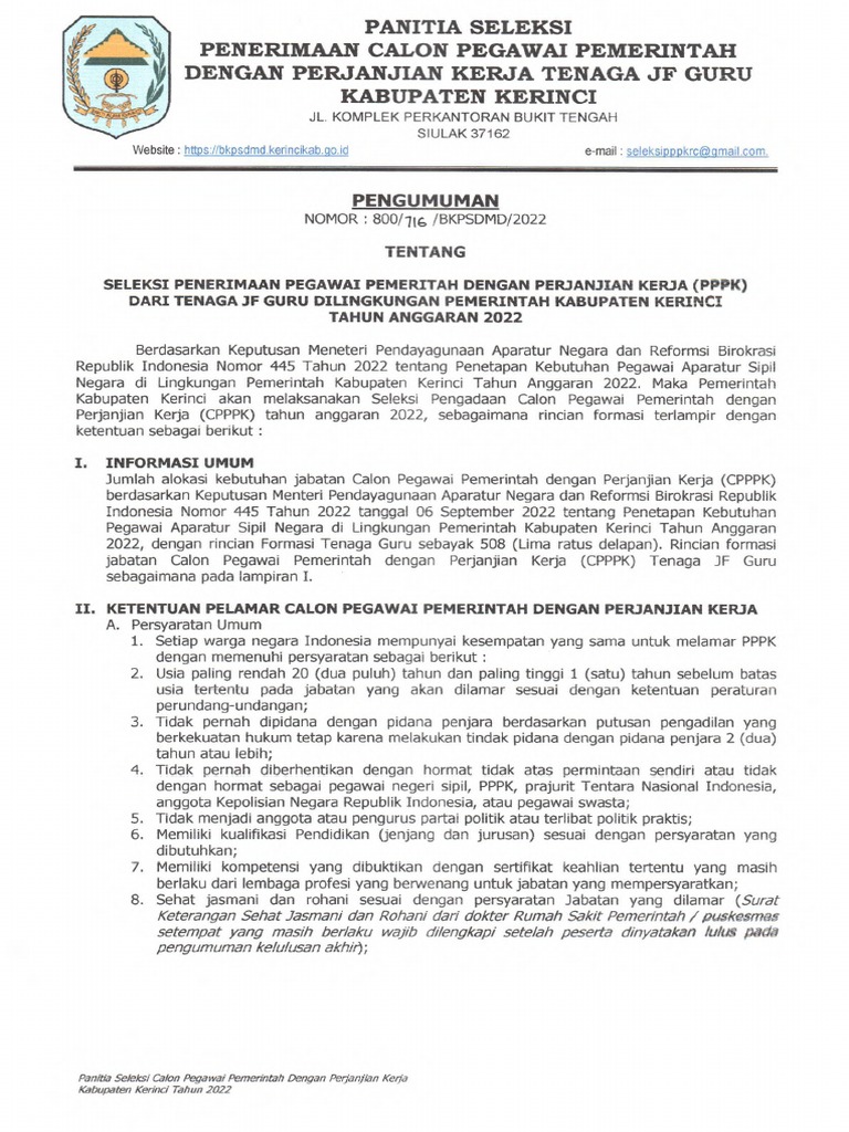 Pengumuman PPPK JF Guru Tahu 2022 | PDF