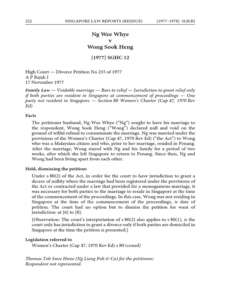 Ng Wee Whye v Wong Sook Heng: Lack of jurisdiction to declare marriage ...