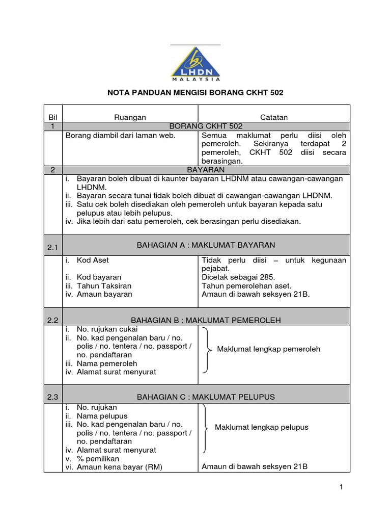 Panduan Mengisi Borang CKHT 502 1 | PDF