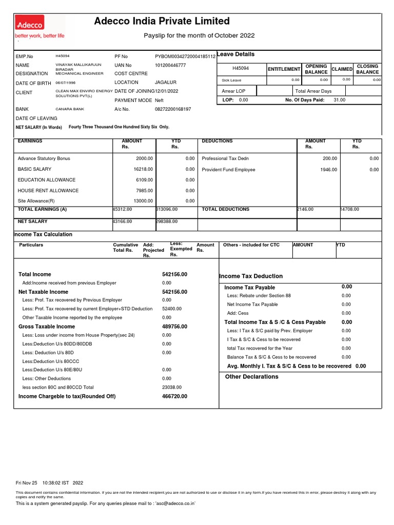 Adecco India Private Limited: Payslip For The Month of October 2022 ...
