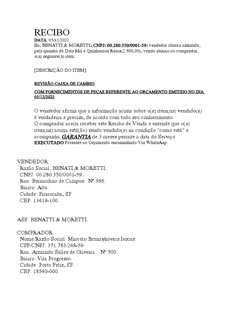 Recibo de Venda de Produto e Garantia | PDF
