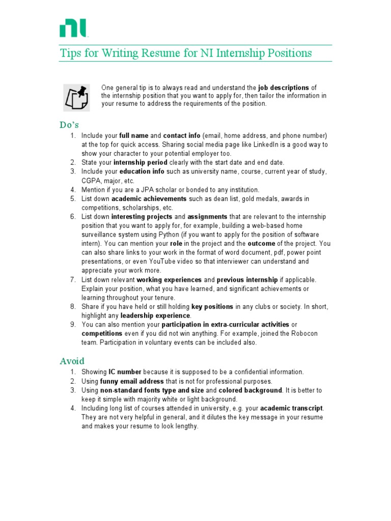 Tips For Writing Resume For NI Internship Positions | PDF | Résumé ...