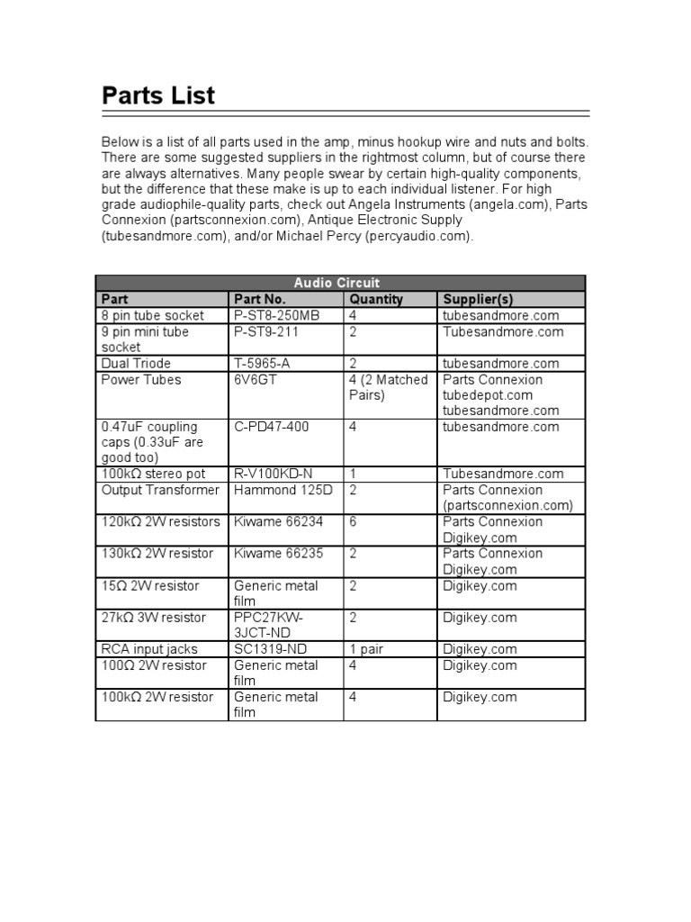 Tube Amplifier Parts List and Suppliers | PDF | Home & Garden | Science ...