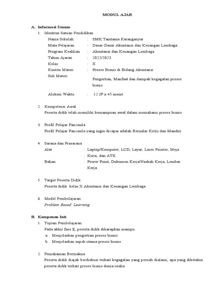Contoh Modul Ajar-Elemen 1 | PDF | Pengelolaan Keuangan & Uang