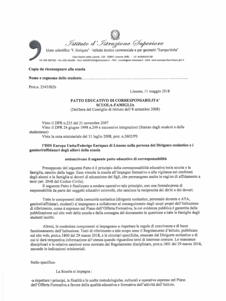 Patto Educativo Di Corresponsabilita | PDF