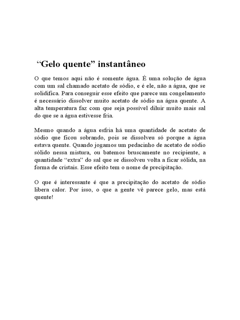 Gelo Quente Instantâneo | PDF | Química | Pressão