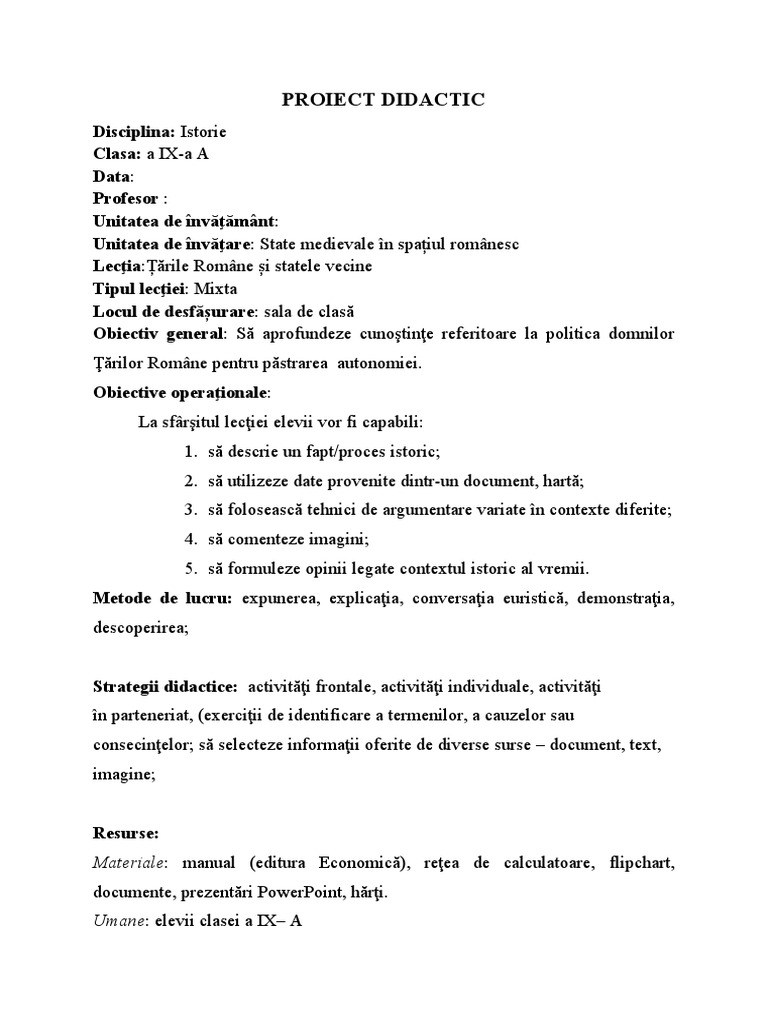 Proiect Didactic Istorie - Scribd | PDF