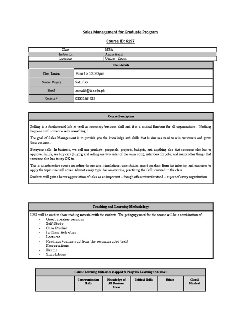 Course Outline MBA 2022 | PDF | Sales | Learning