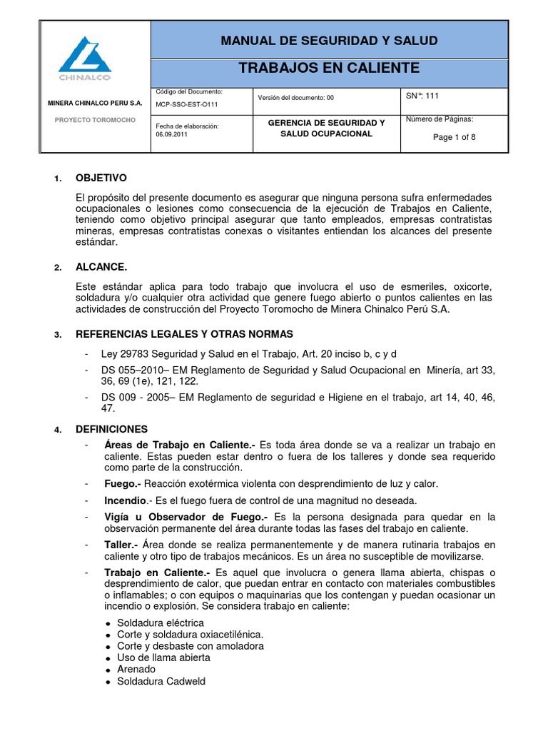 Manual de Seguridad Trab - Caliente | PDF | Seguridad y salud ...