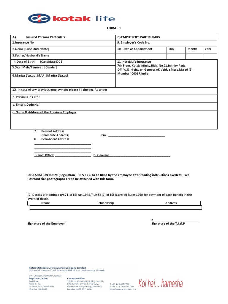 Form 1: Employee Insurance Application for Kotak Life Insurance | PDF | Social Institutions ...