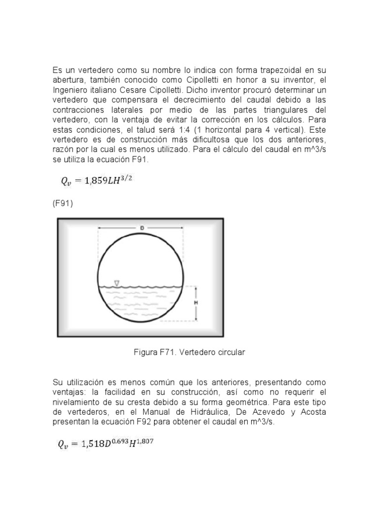 Tipos de vertederos: trapezoidal y circular | PDF